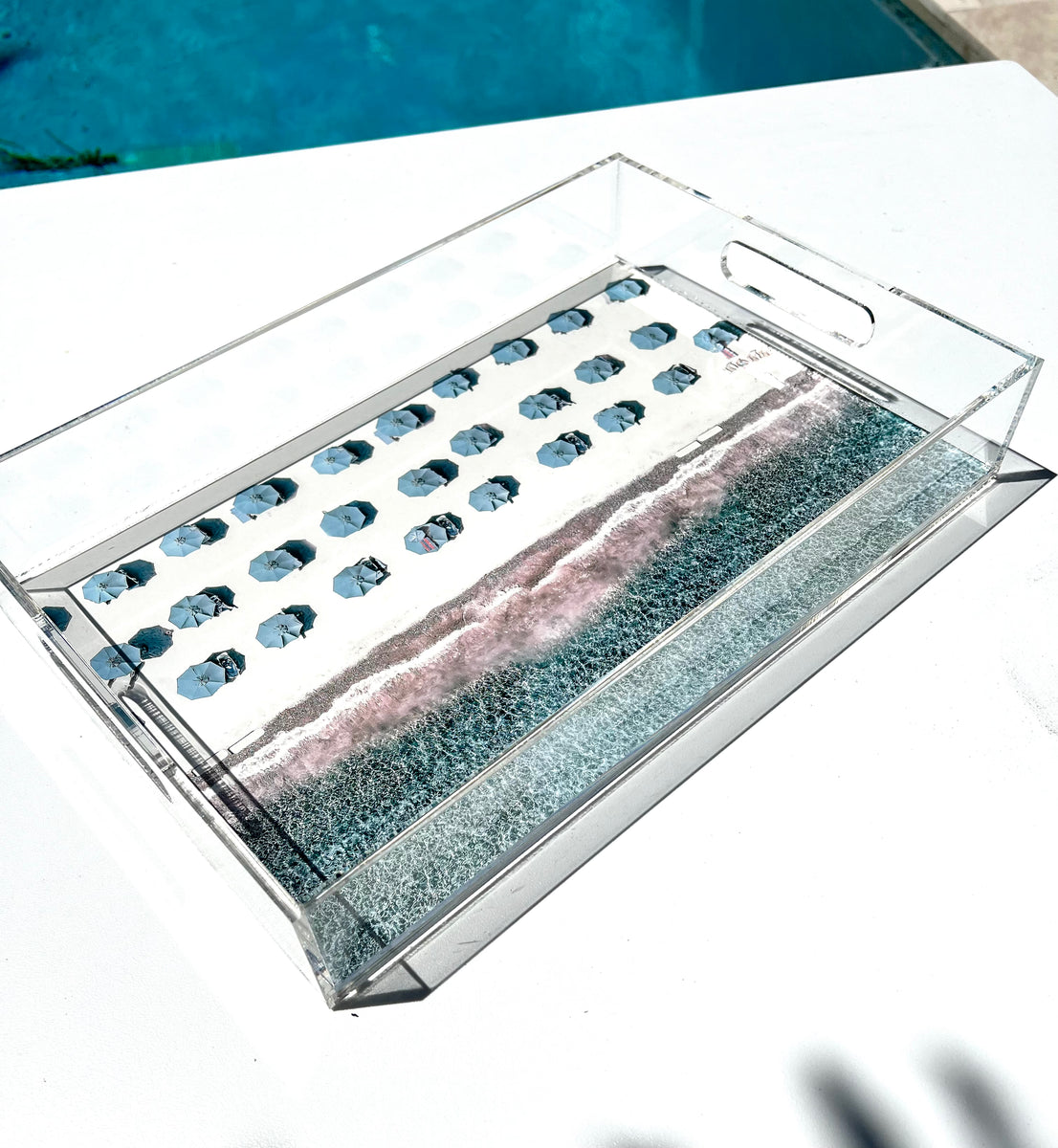 Lucite Tray - Aerial Beach Print - Blue Umbrellas – prettyprinting.com